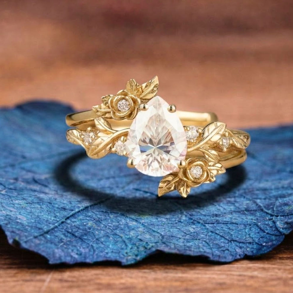Pear Lab Grown Vintage Engagement Ring Set Gold Bridal Wedding Ring Se ...